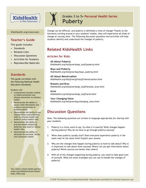 Teacher's Guide: Puberty - KidsHealth in the Classroom