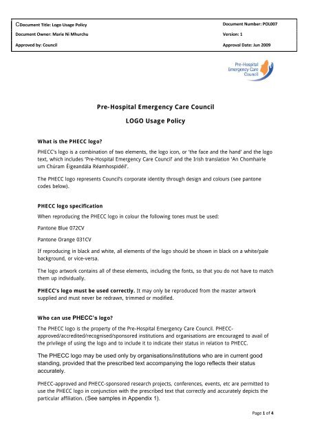 Pre-Hospital Emergency Care Council LOGO Usage Policy - PHECC