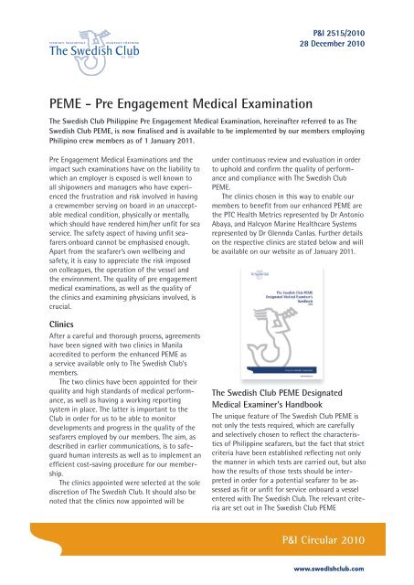 PEME - Pre Engagement Medical Examination - The Swedish Club