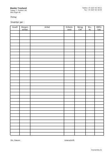 Inventarliste angefangene Arbeiten - Gross Treuhand