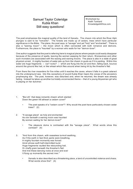 Samuel Taylor Coleridge Kubla Khan Still easy questions!