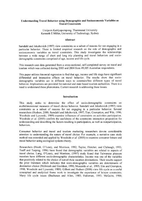 Understanding Travel Behavior using Demographic - University of ...