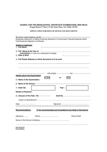 Application Form For Duplicate Documents Council For The Indian