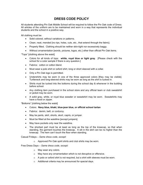 DRESS CODE POLICY Pin Oak Middle School dress-code-policy-pin-oak-middle-school