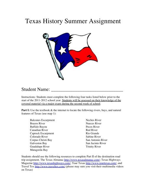 Texas History Summer Assignment - Pin Oak Middle School