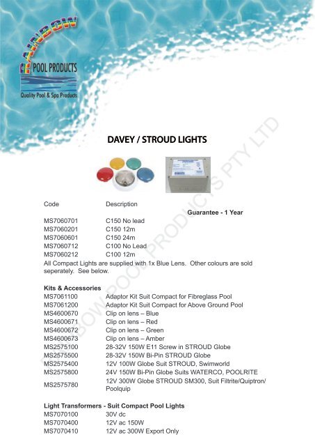 Product Specification - Rainbow Pool Products