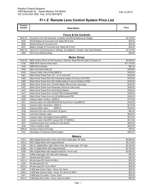 Price List List - Preston Cinema Systems