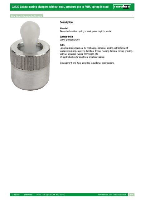 03330 Lateral spring plungers without seal, pressure pin ... - norelem