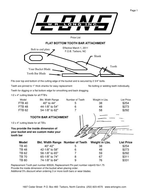 FLAT BOTTOM TOOTH BAR ATTACHMENT FTB 40 ... - WR Long Inc.
