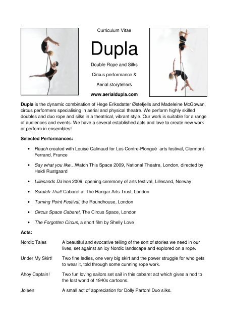 Curriculum Vitae Double Rope and Silks Circus performance ...