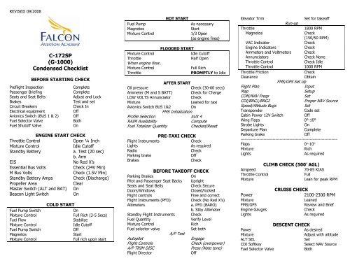 C-172SP (G-1000) Condensed Checklist - Falcon Aviation Academy