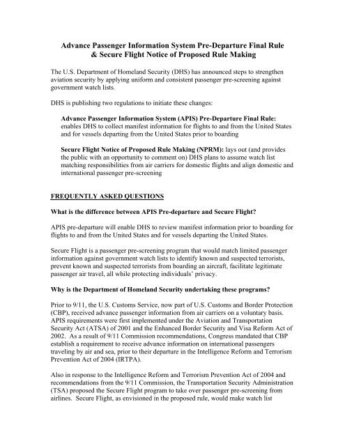 Advance Passenger Information System Pre-Departure Final Rule