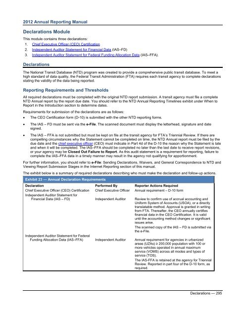 Declarations Module - National Transit Database