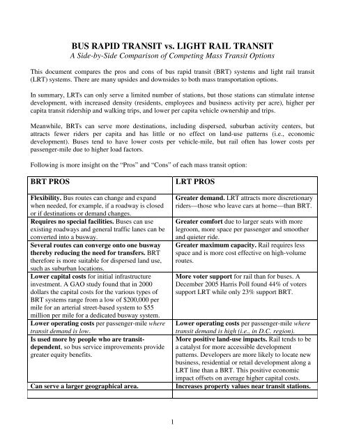 BUS RAPID TRANSIT vs. LIGHT RAIL TRANSIT