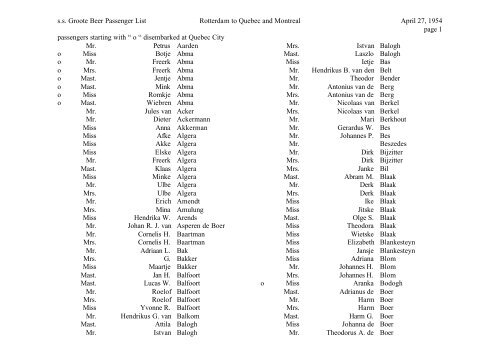 s.s. Groote Beer Passenger List Rotterdam to Quebec and Montreal ...