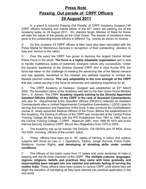 Press Note Passing Out parade of CRPF Officers - Central Reserve ...