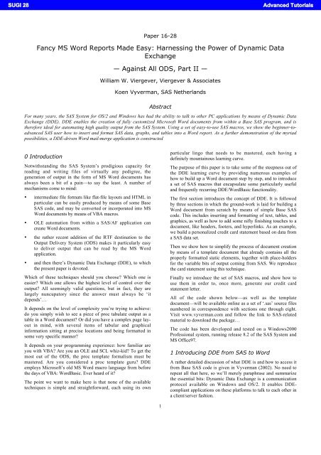 SUGI 28: Fancy MS Word Reports Made Easy: Harnessing the ... - SAS