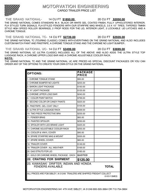 Trailer General Info & Price List - Motorvation