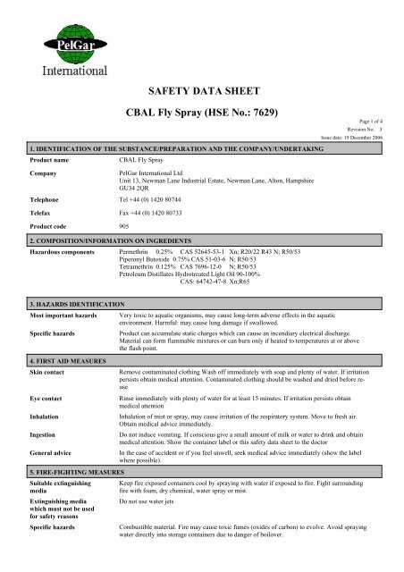 SAFETY DATA SHEET CBAL Fly Spray - PelGar