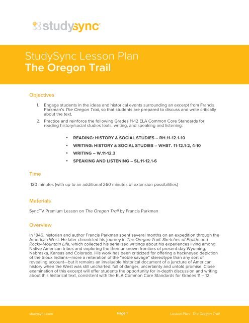 StudySync Lesson Plan The Oregon Trail