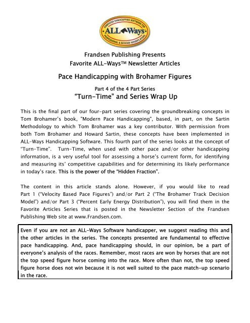 Pace Handicapping with Brohamer Figures “Turn-Time ... - Brisnet