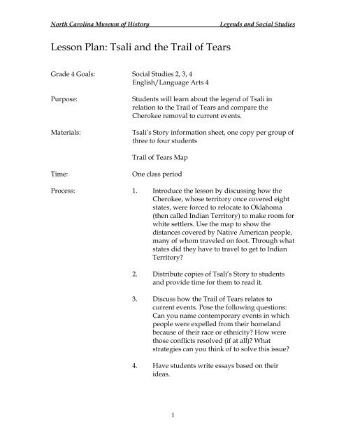 Lesson Plan: Tsali and the Trail of Tears - the North Carolina ...