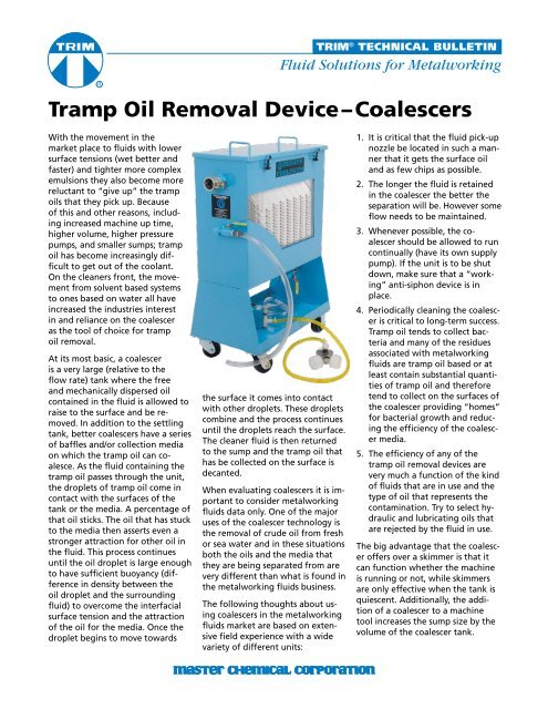 Tramp Oil Removal Device-Coalescer - Master Chemical Corporation