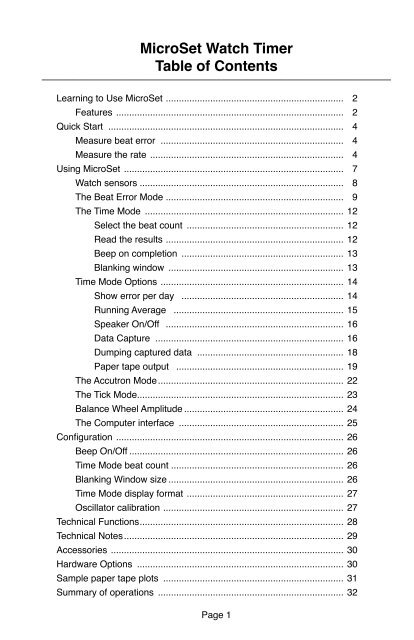 MicroSet Watch Timer Table of Contents - Mumford Micro Systems