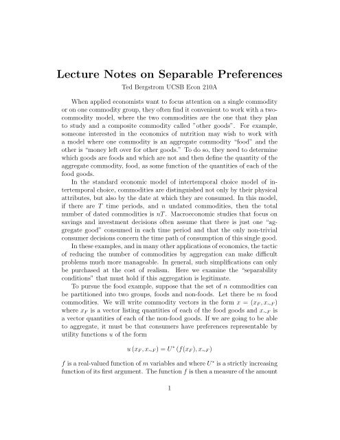 Lecture Notes on Separable Preferences - UCSB Economics