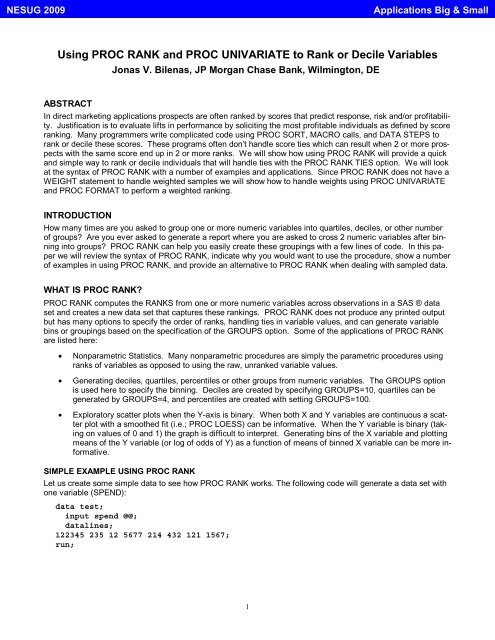 Using PROC RANK and PROC UNIVARIATE to Rank or ... - NESUG