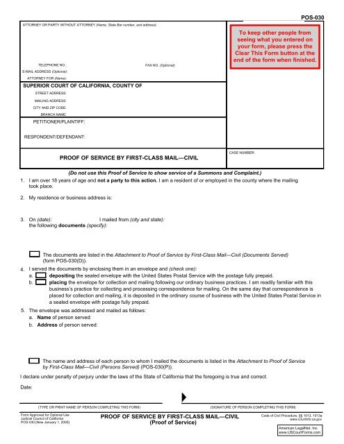 POS-030 PROOF OF SERVICE BY FIRST-CLASS MAIL—CIVIL ...