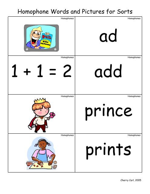 Homophone Words and Pictures for Sorts - Carl's Corner