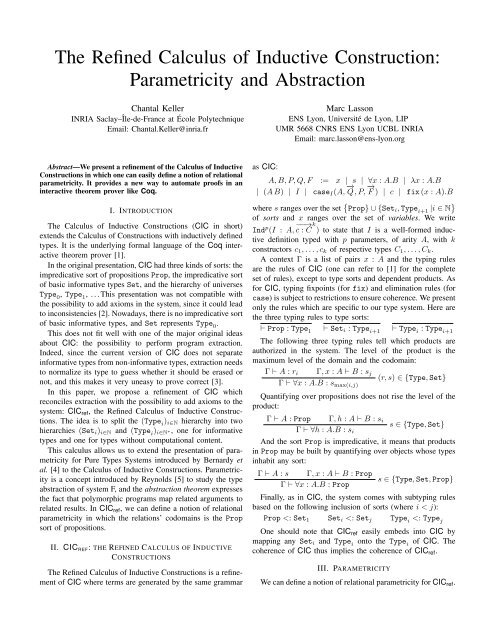 The Refined Calculus of Inductive Construction: Parametricity and ...