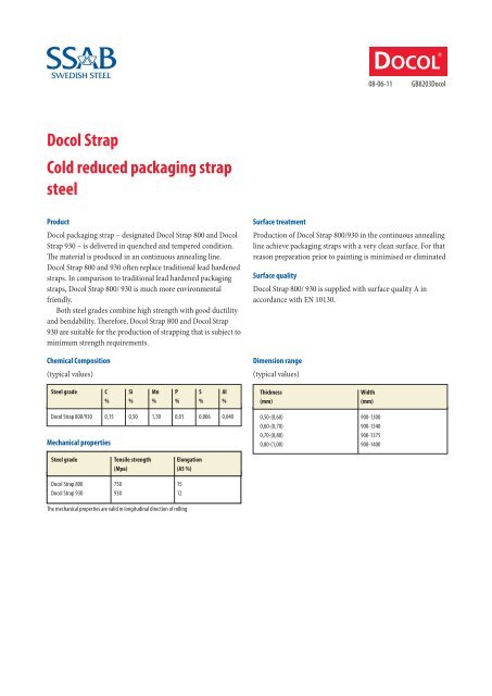 Docol Strap Cold reduced packaging strap steel - SSAB