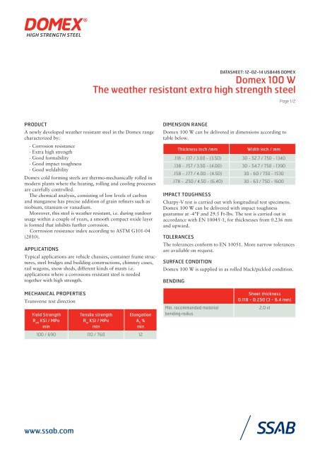 Domex 100 W The weather resistant extra high strength steel - SSAB
