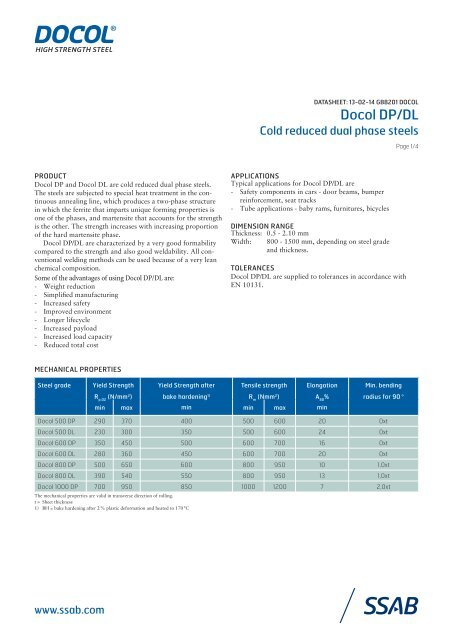 Datasheet Docol 500 DP - SSAB