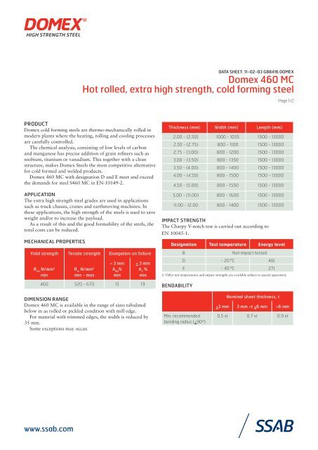 Domex 460 MC Hot rolled, extra high strength, cold forming ... - SSAB