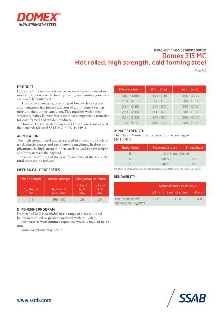 Domex 315 MC Hot rolled, high strength, cold forming steel - SSAB
