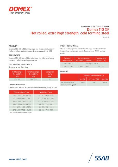 Domex 110 XF Hot rolled, extra high strength, cold forming ... - SSAB