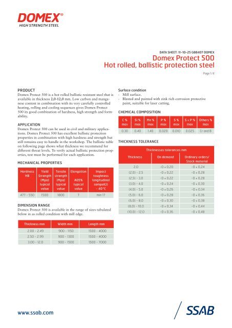 Domex Protect 500 Hot rolled, ballistic protection steel - SSAB