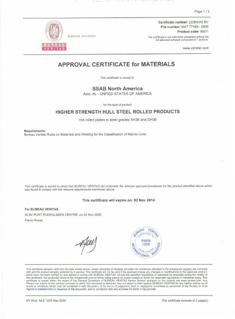 APPROVAL CERTIFICATE for MATERIALS - SSAB.com