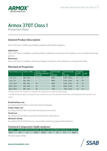 Armox 370 T Class 1 - SSAB