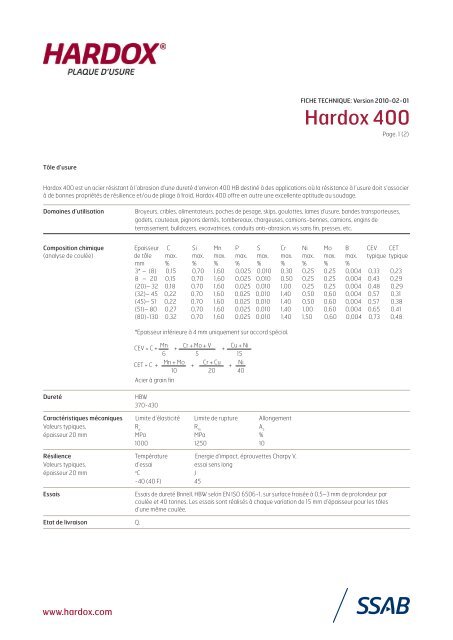 151_HARDOX_400_FR_ Fiche Technique.indd - High Strength ...