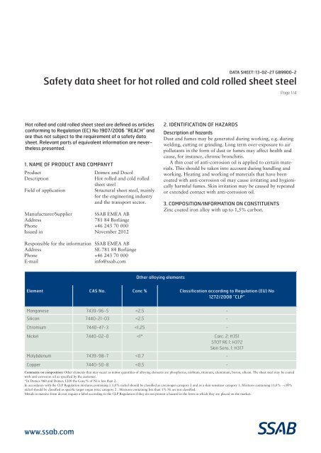Steel Safety Data Sheet: Stainless Steel Safety Information Sheet – DTWNIR