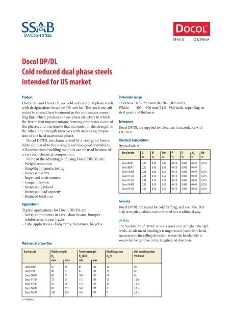 Docol DP/DL Cold reduced dual phase steels intended for ... - SSAB