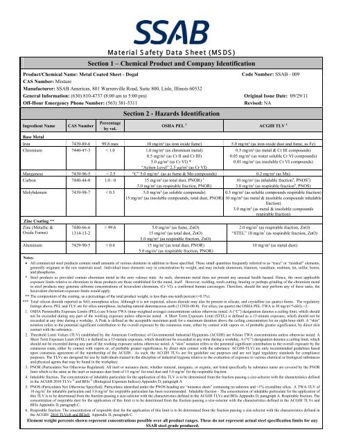Material Safety Data Sheet (MSDS) Section 1 ... - SSAB.com