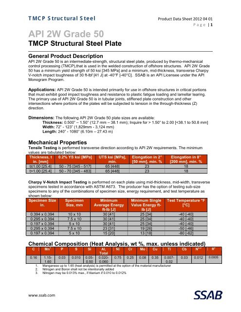 API 2W Grade 50 TMCP Structural Steel Plate - SSAB
