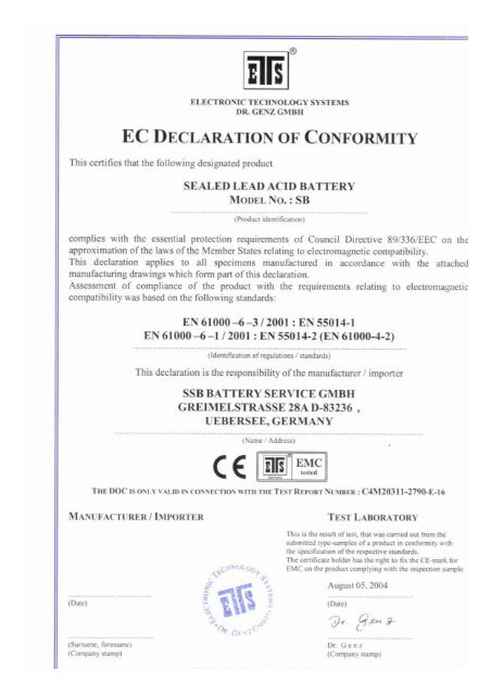 EC DECLARATION OF CONFORMITY - SSB Battery Service GmbH