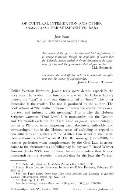 Of Cultural Intimidation and Other Miscellanea - The José Faur Tora ...