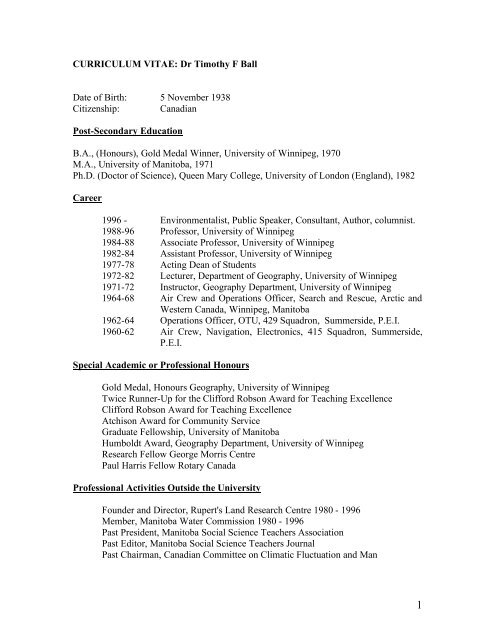 Curriculum Vitae of Dr. Timothy Ball - Dr. Tim Ball